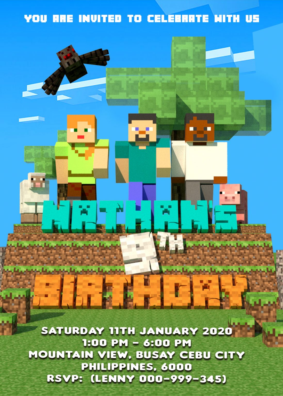 3D Minecraft Birthday Invitation Card, Minecraft for kids, Minecraft ...