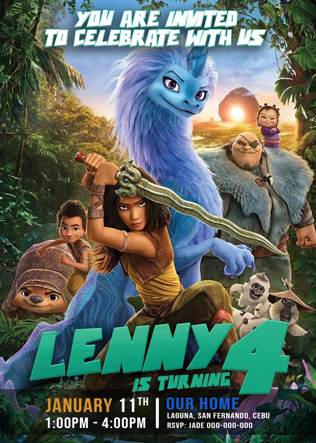 Raya and the las dragon Birthday Party Invitation 4 x 6 or 5 x 7 ...