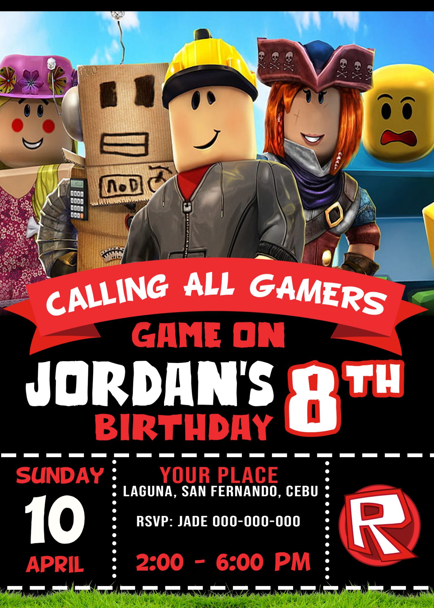 ROBLOX Birthday Party Invitation 4 x 6 or 5 x 7 FREE BACKSIDE ...