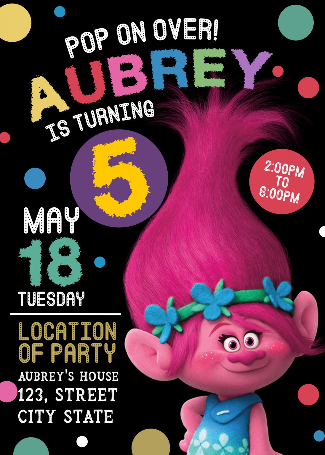 Trolls Birthday Invitation Card - Jamakodesigns