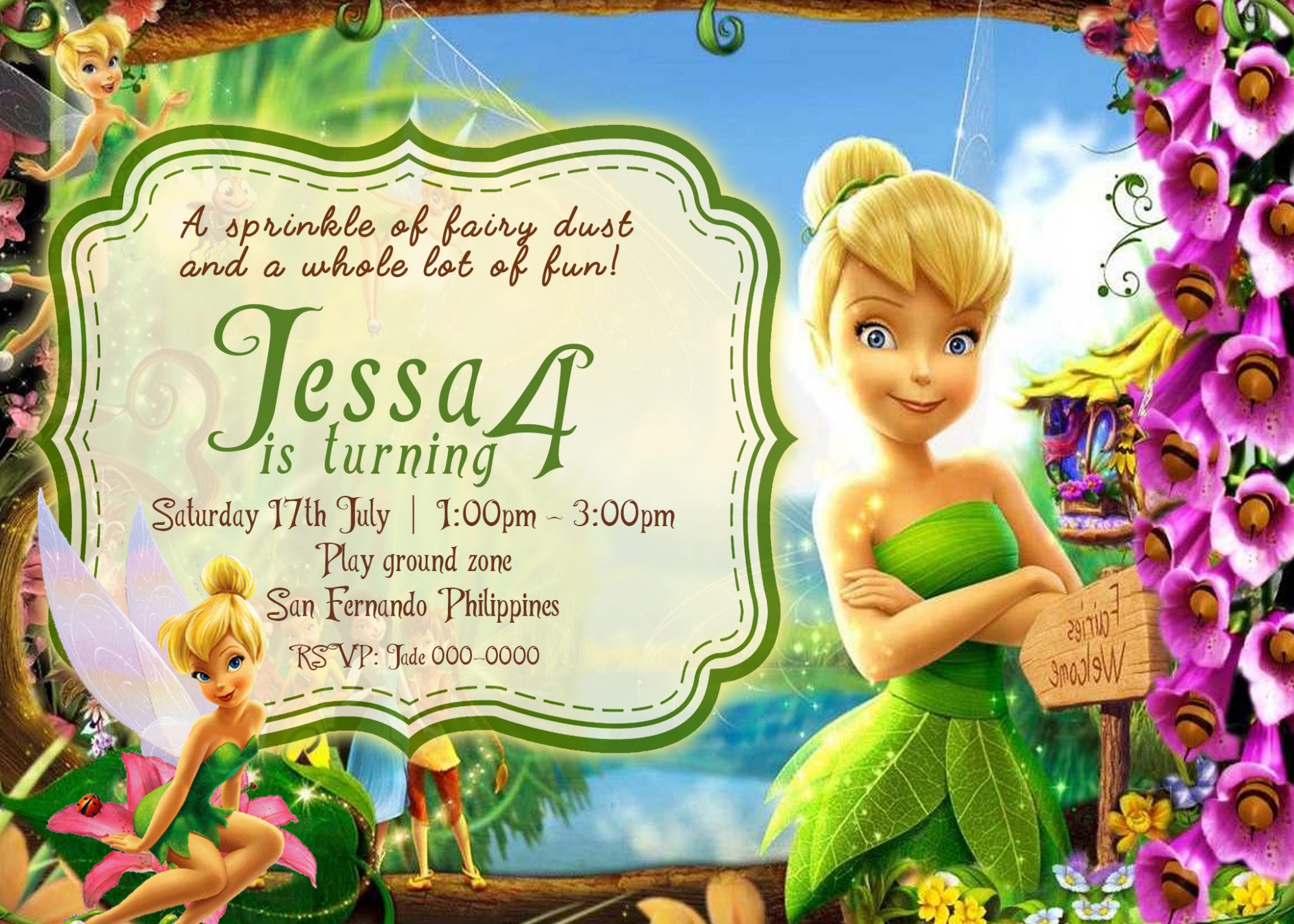 Tinkerbell Birthday Invitation Card, 4 x 6 or 5 x 7 1697 - Jamakodesigns