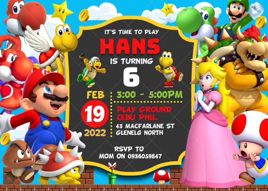 Super Mario Personalized Invitation 4 x 6 or 5 x 7 FREE back side ...