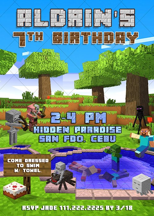 Minecraft Pool Party Birthday Invitation Card, 4 x 6 or 5 x 7 ...
