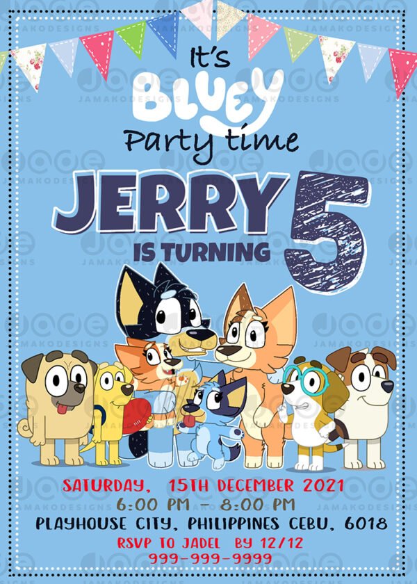 Bluey Personalized Invitations 4 x 6 or 5 x 7 FREE backside - Jamakodesigns