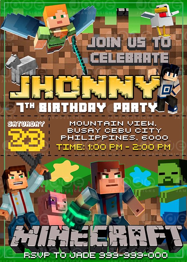 Minecraft Pool Birthday Invitation Card - Jamakodesigns
