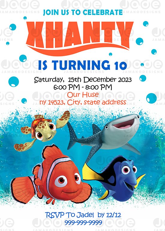 Digital invitation Finding Nemo template - Jamakodesigns