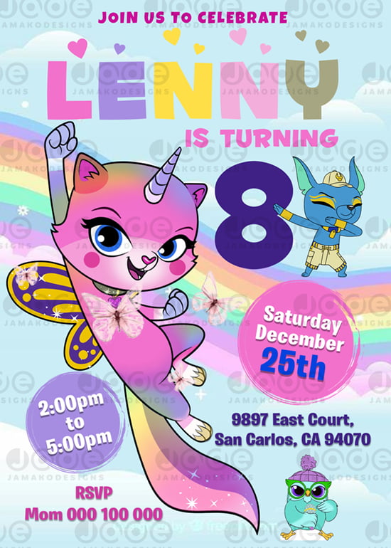 Sparkle Wings Rainbow Kitty Birthday Festivity Invitation - Jamakodesigns