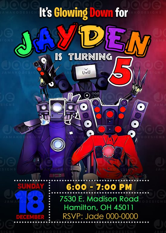 Skibidi Toilet Birthday Invitation card 4 x 6 or 5 x 7 plus Free Back ...