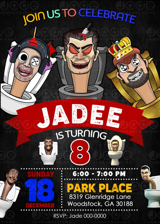 Skibidi Toilet Birthday Invitation card 4 x 6 or 5 x 7 plus Free Back ...