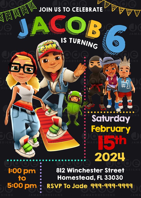 Subway Surfers theme for birthday invitation template printable or ...