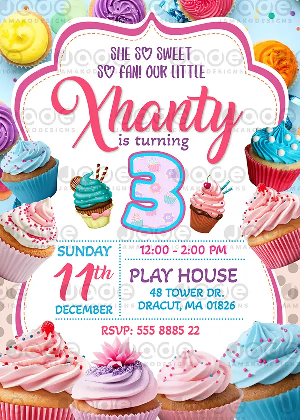 Cupcakes Birthday Party Invitation Template for Kids - Jamakodesigns