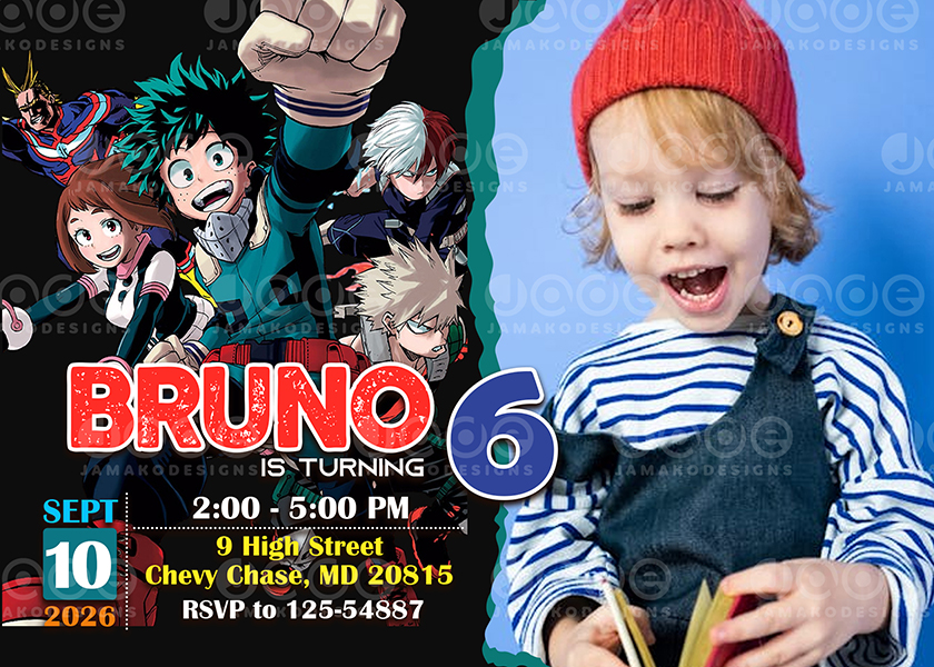 Digital My Hero Academia Birthday Invitation with photo - Jamakodesigns