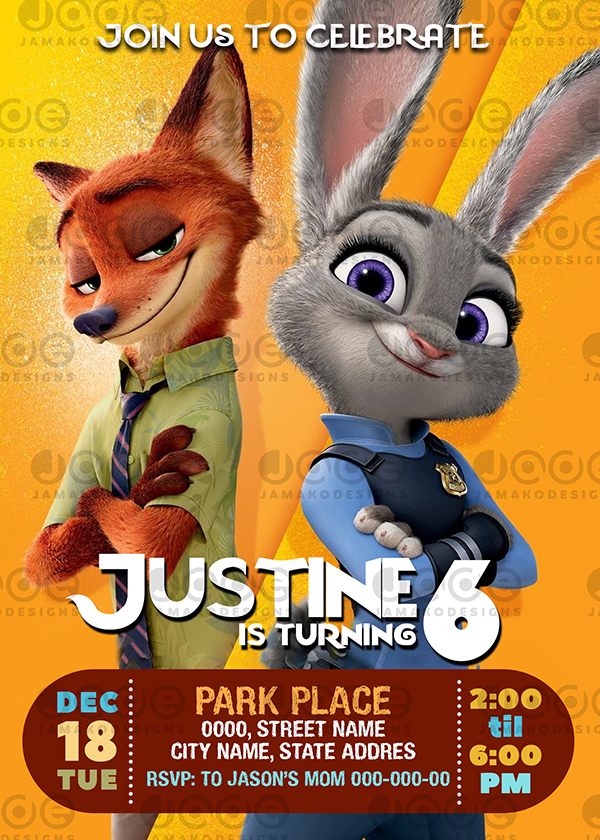 Zootopia Birthday Invitation Template - Jamakodesigns